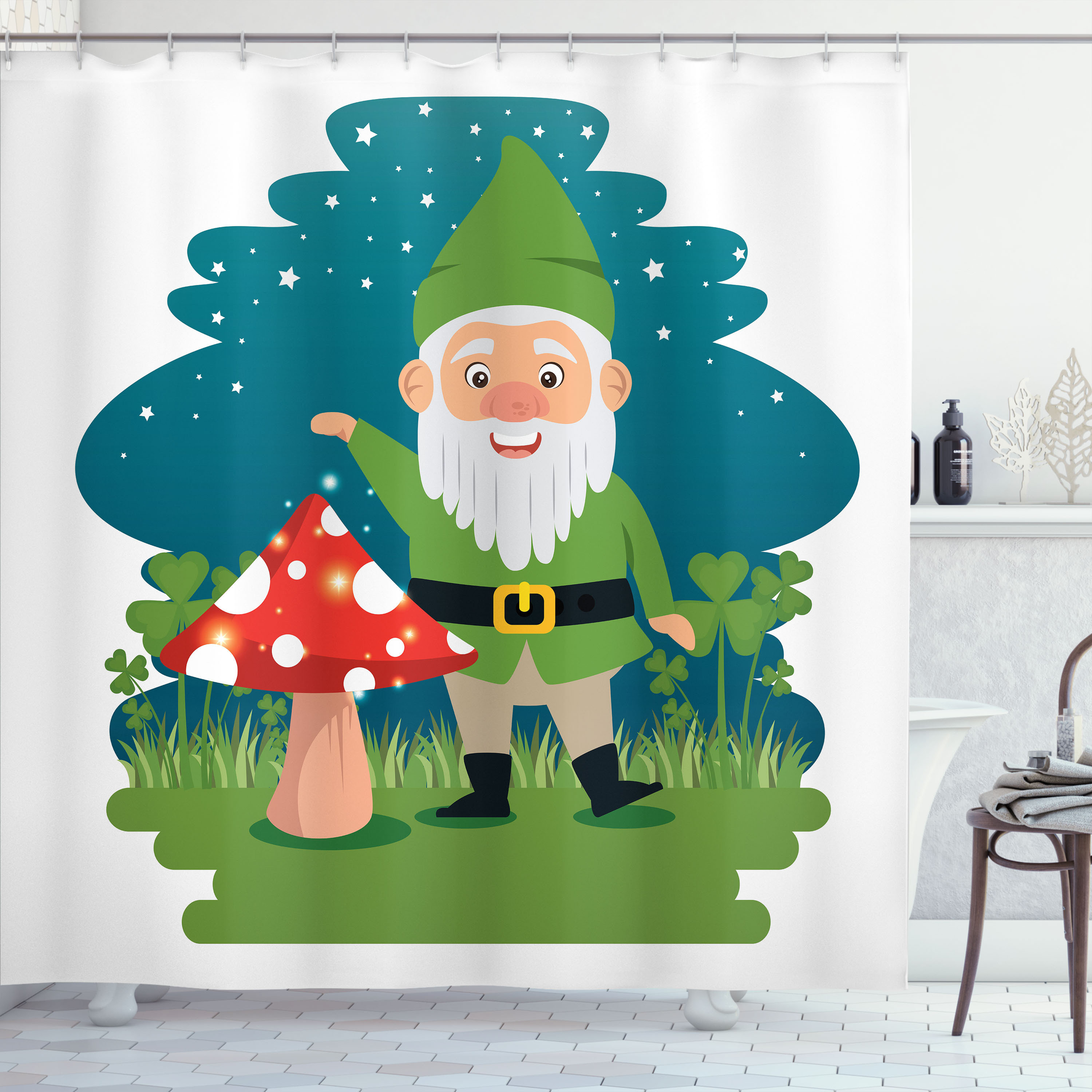 Dakota Fields Gnome Shower Curtain Elf with Mushroom in Forest 69"Wx75"L Fern Green Petrol Blue ...